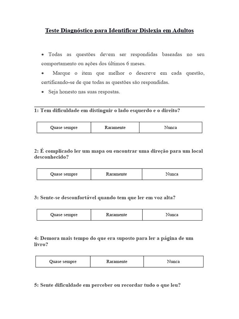 Teste Dislexia Adultos | PDF