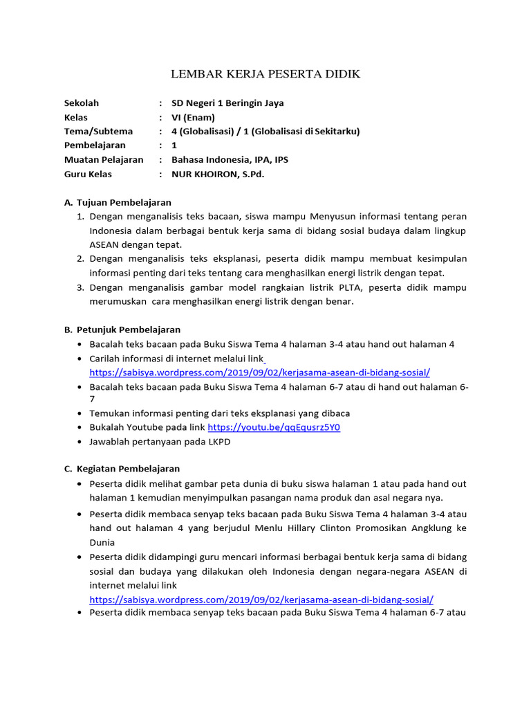 LKPD Kelas 6 Tema 4 Sub Tema 1 | PDF