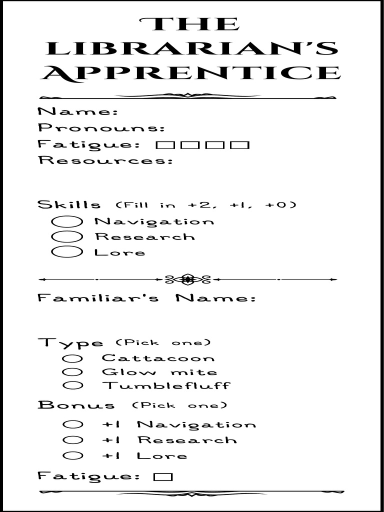 ABT Librarians Apprentice Character Sheet (BW) | PDF
