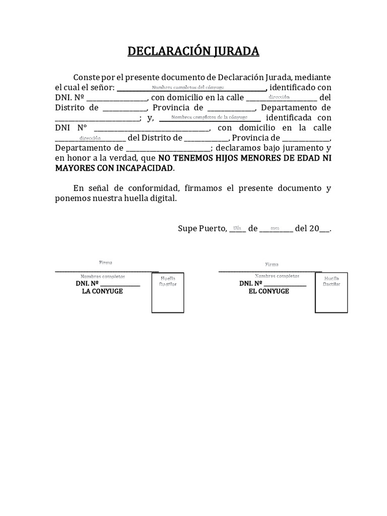 Formato de Declaración Jurada de No Tener Hijos Menores de Edad Ni Mayores Con Incapacidad. | PDF