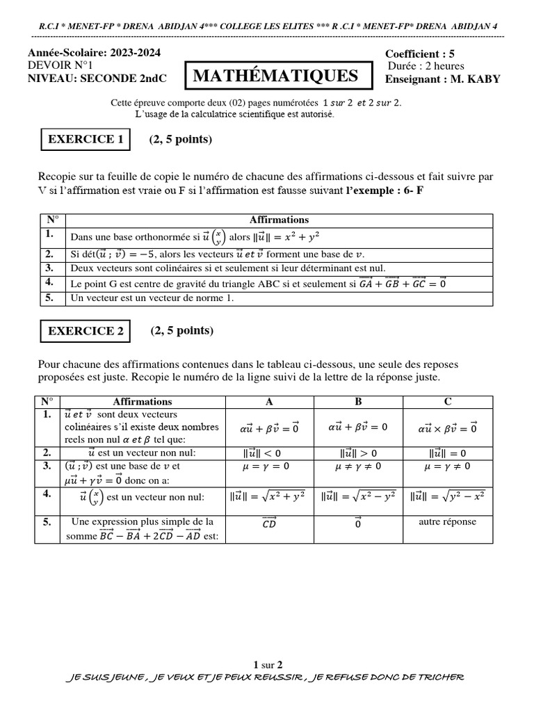2nde C Devoir Maths 2023-2024 | PDF | Concepts mathématiques | Objets mathématiques
