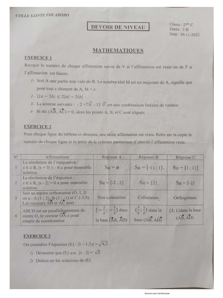 Devoir de Maths n2 2nde C GSFA | PDF