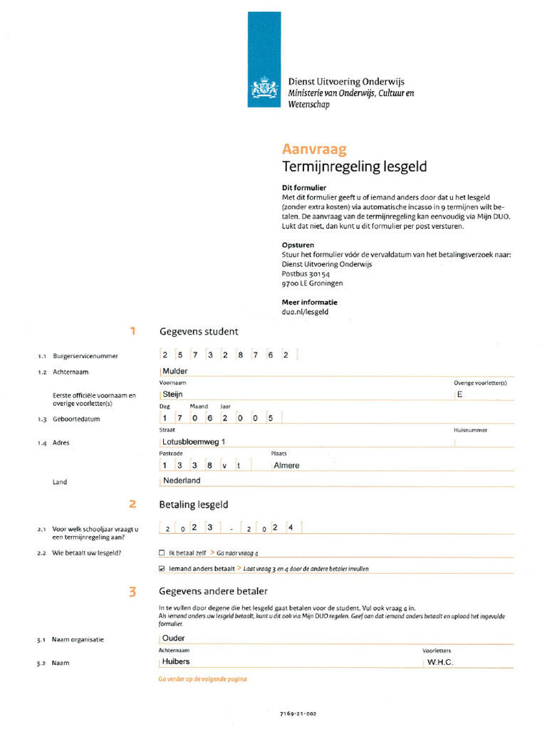 Aanvraag-Termijnregeling-Lesgeld Steijn2023-2024 | PDF
