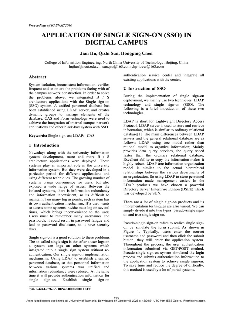 Application of Single Sign-On SSO in Digital Campus | PDF | Password | User (Computing)