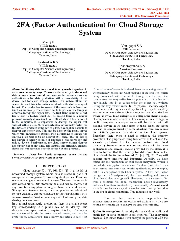2FA Factor Authentication For Cloud Stor | PDF | Encryption | Key (Cryptography)