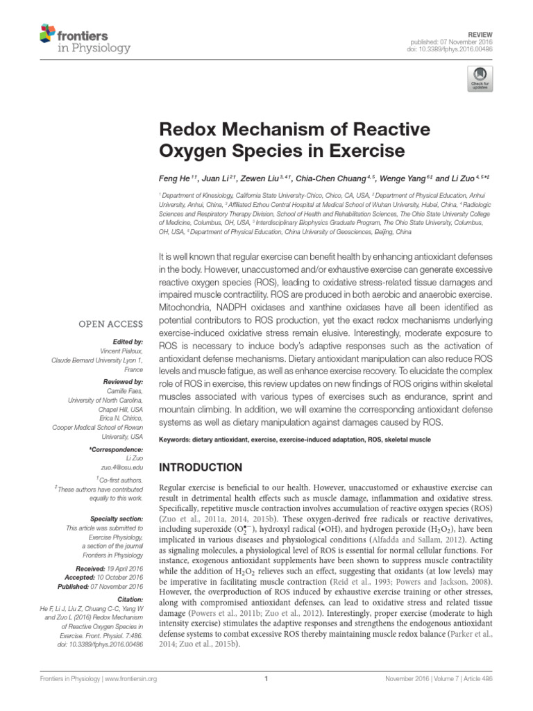 He (2016) Redox Mechanism of Reactive Oxygen Species in Exercise | PDF ... He (2016) Redox Mechanism of Reactive Oxygen Species in Exercise | PDF ...