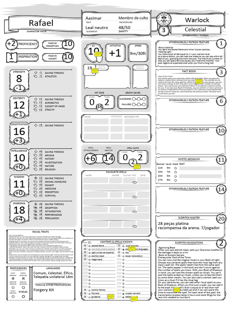 D&D Aasimar Warlock Character Sheet | PDF