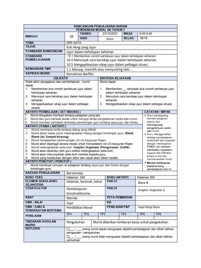 RANCANGAN PENGAJARAN HARIAN Mggu 28 | PDF
