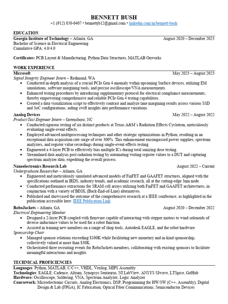 Ece1100 Bennett Bush Resume | PDF | Electrical Engineering | Simulation
