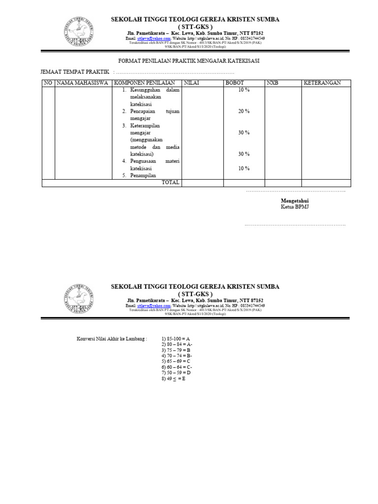 Format Nilai Mengajar Katekisasi | PDF