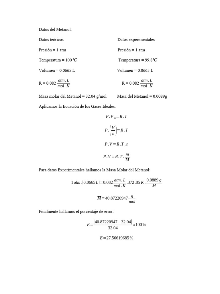 Datos Metanol | PDF | Mole (Unidad) | Mecánica estadística
