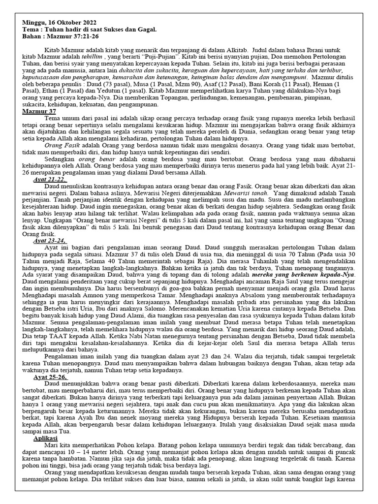Bulan Keluarga 16 Okt 2022 Mazmur 37 | PDF