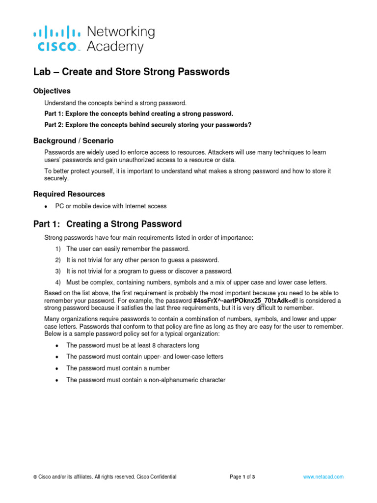 3.1.1.5 Lab - Create and Store Strong Passwords | PDF | Password | Crime Prevention