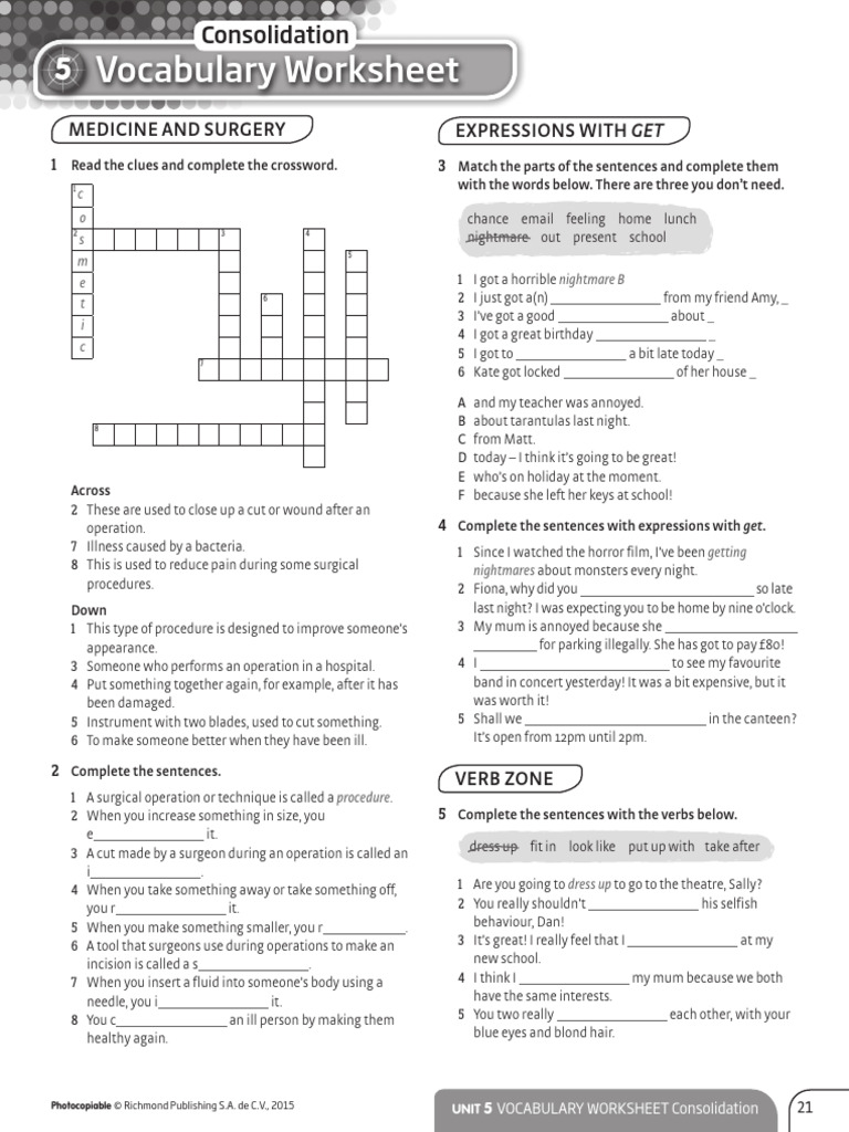 Achievers B2 Vocabulary Worksheet Consolidation Unit 5 | PDF | Surgery ...