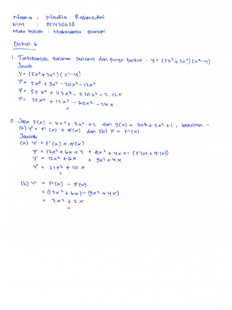 Nadila Rahmadini (051430638) Diskusi 6 Matematika Ekonomi | PDF