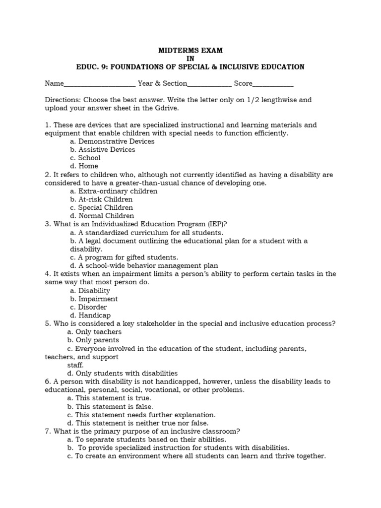 MIDTERMS EXAM in EDUC 9 Foundation of Special and Inclusive Edu Final ...