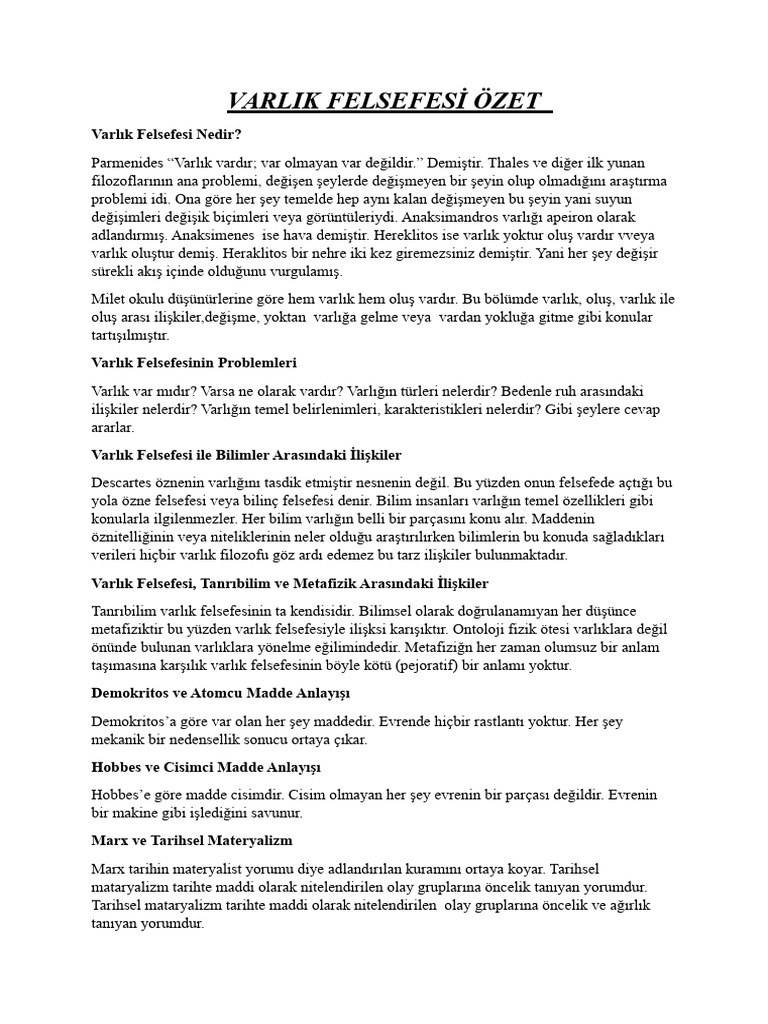 Varlik Felsefesi̇ Özet Furkan Aktaş | PDF