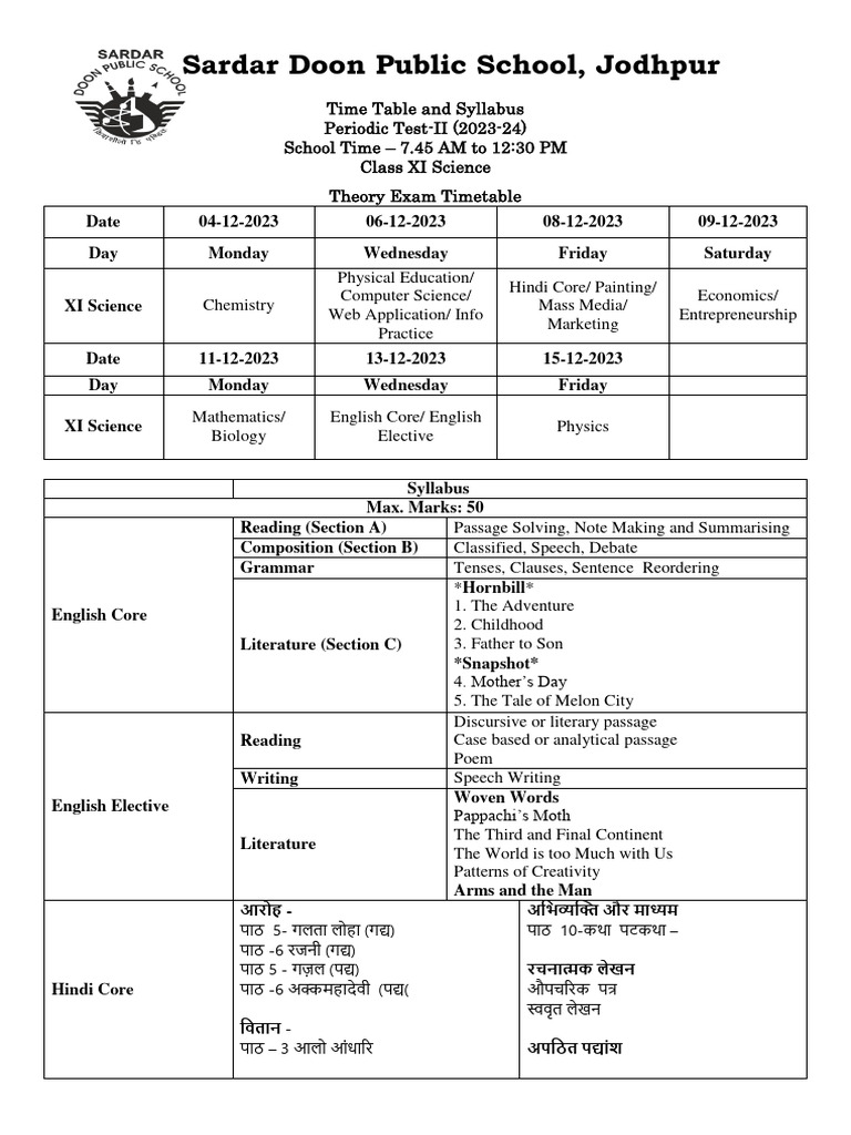 Class 11 Science Syllabus-Timetable-2 | PDF | Science | English Language