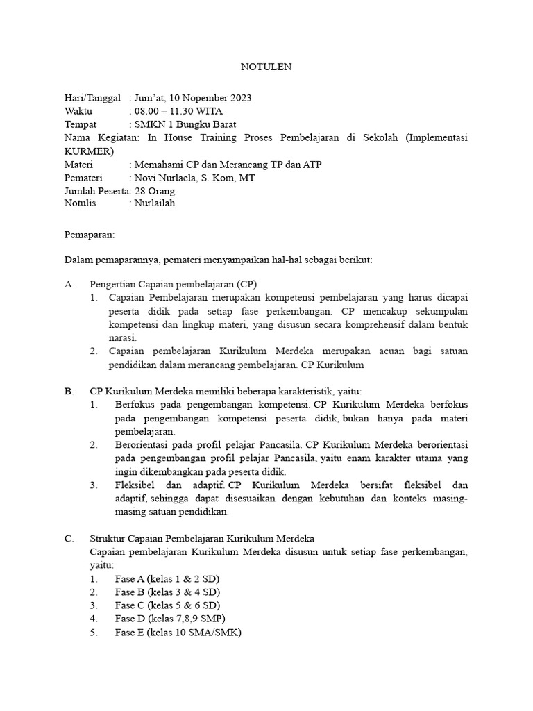 Notulen Pelatihan Kurikulum Merdeka | PDF