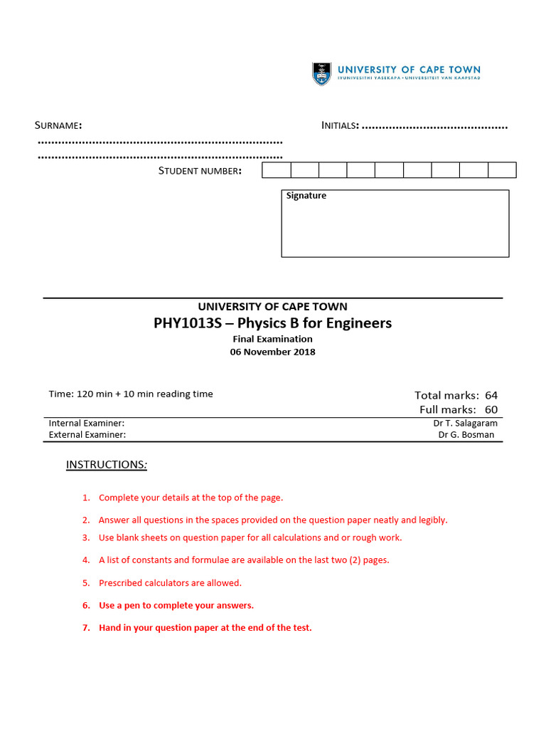 Exam - 1013S 2018 | PDF | Waves | Electric Field