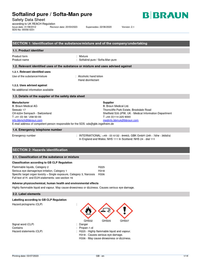 Softalind & Softa-Man Pure SDS Guide | PDF | Dangerous Goods ...