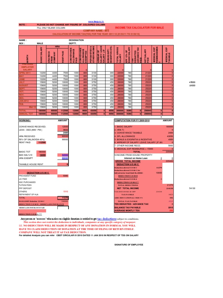 Income Tax Calculator In Excel For Financial Year 2011 12 Tested PDF