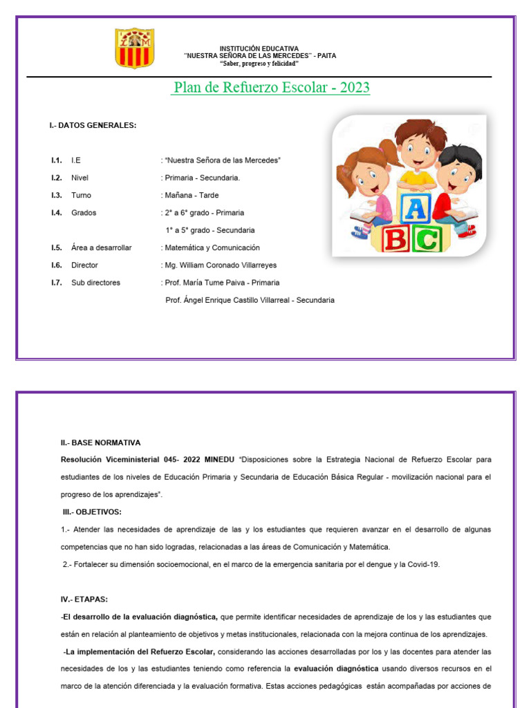 PLAN DE REFUERZO ESCOLAR 2023 2° Secundaria | PDF | Evaluación | Educación primaria