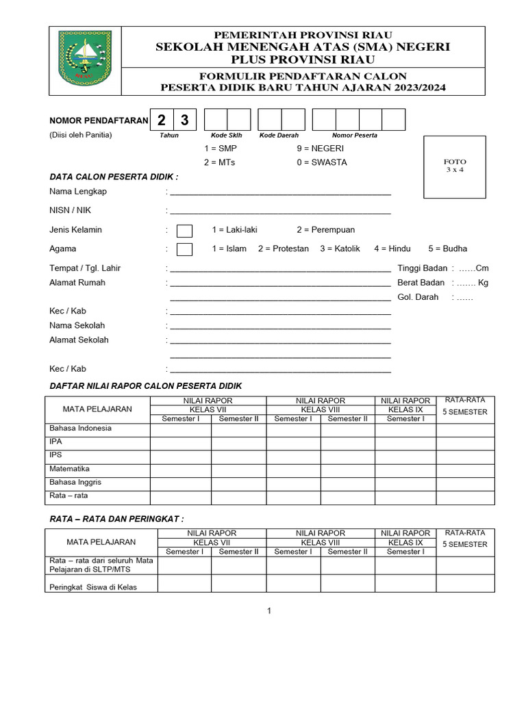 Formulir PPDB 2023 Sman Plus Provinsi Riau 1 | PDF