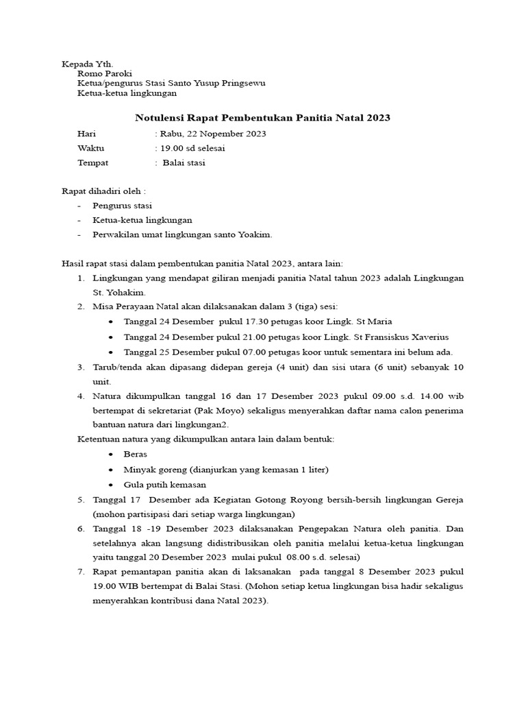 Notulensi Rapat Pembentukan Panitia Natal 2023 | PDF