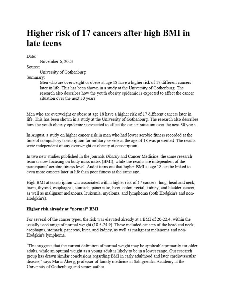 Group 1 Higher Risk of 17 Cancers After High BMI in Late Teens. | PDF ...