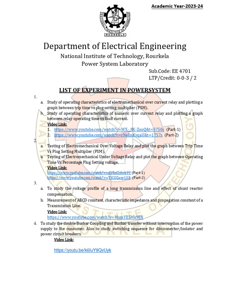 Power System Laboratory Experiment - 2023-24 | PDF | Relay | Transformer