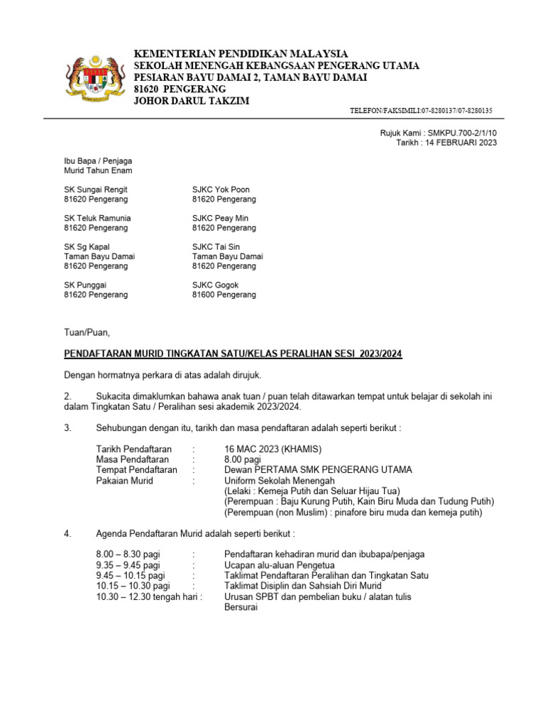 Pendaftaran Murid SMKPU 2023/2024 | PDF