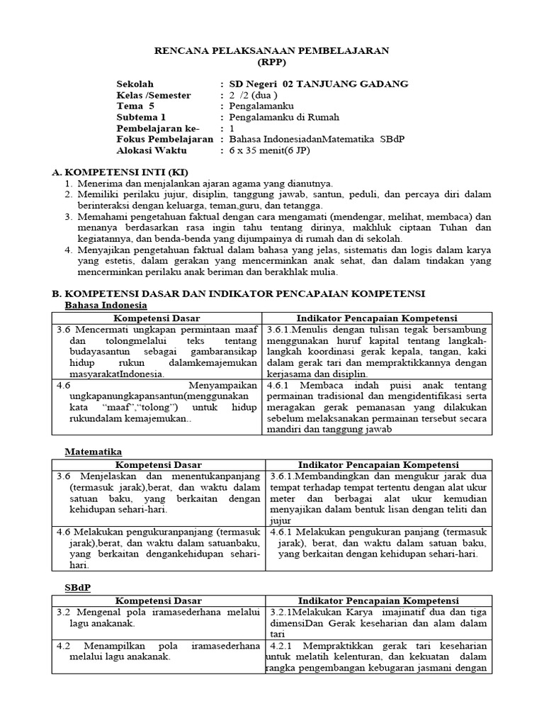 RPP Tema 5 Sub Tema 1 | PDF | Seni & Disiplin Bahasa | Kajian Bahasa Asing