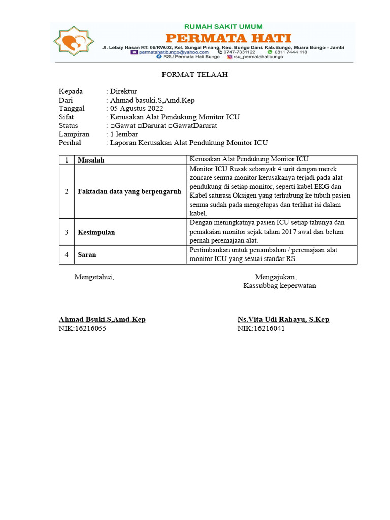 Format Telaah Ruangan Icu | PDF