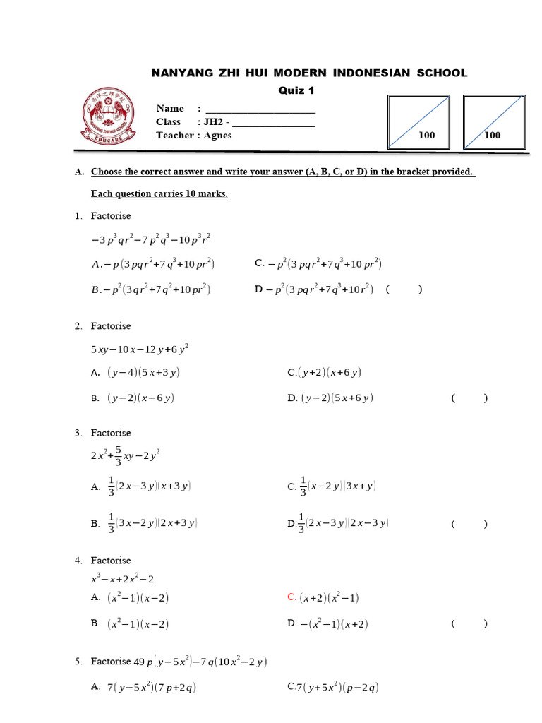 Quiz 1 Junior High 2 | PDF | Factorization | Algebra