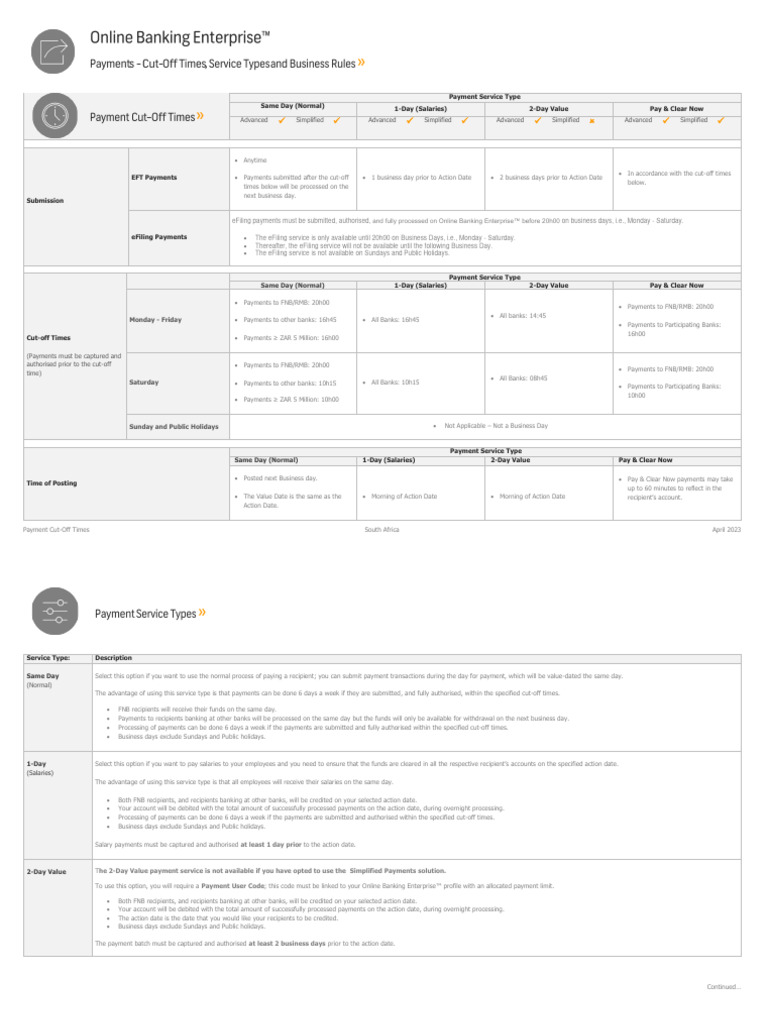 OBE ZA Pay Cut Off Times | PDF | Payments | Banks