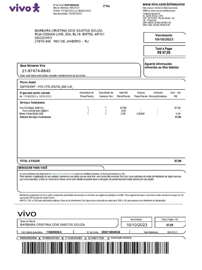 Sua Conta Vivo Barbara | PDF