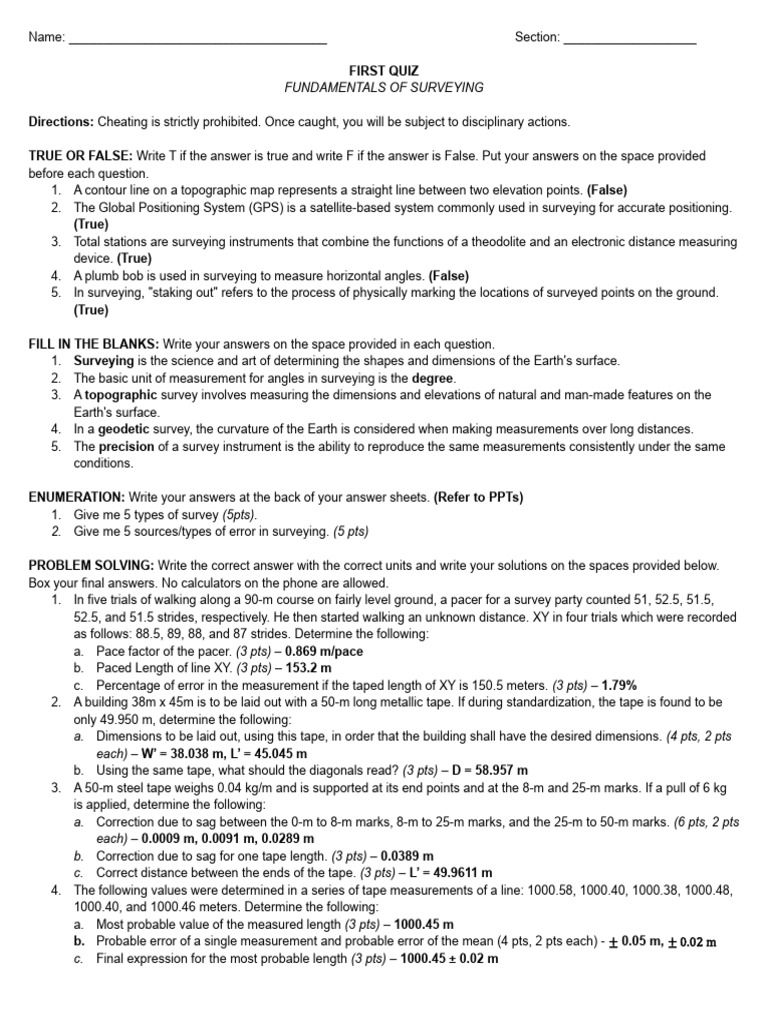 Quiz 1 - Fundamentals of Surveying | PDF | Surveying | Geodesy