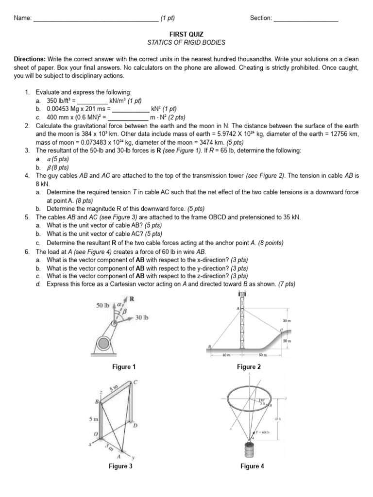 Statics Rigid Bodies Quiz | PDF | Force | Euclidean Vector