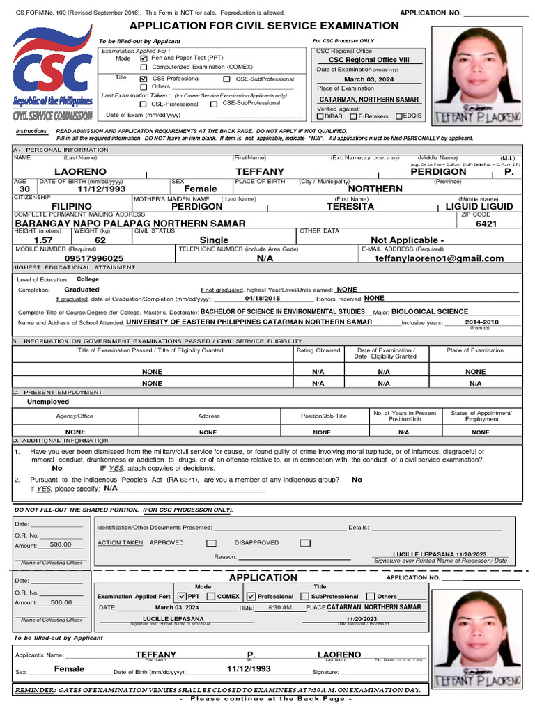 Civil Service Exam Application Form | PDF | Identity Document | Government