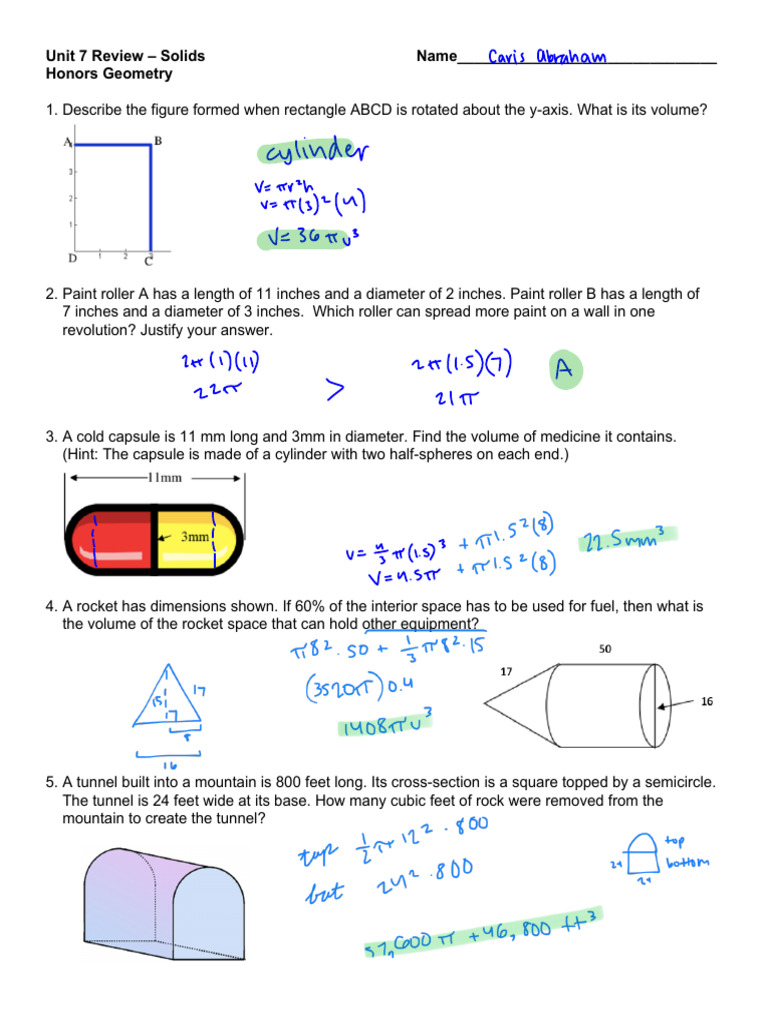 Honors Geom Unit 7 Review | PDF | Volume | Area
