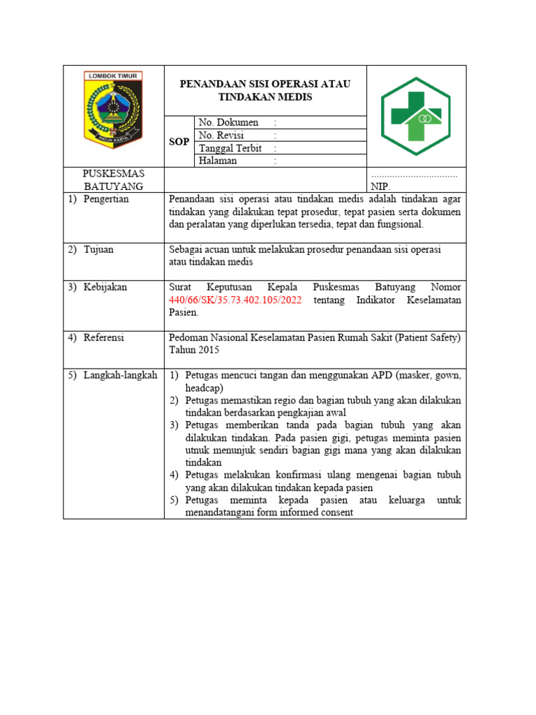 Sop Penandaan Sisi Operasi Atau Tindakan Medis | PDF