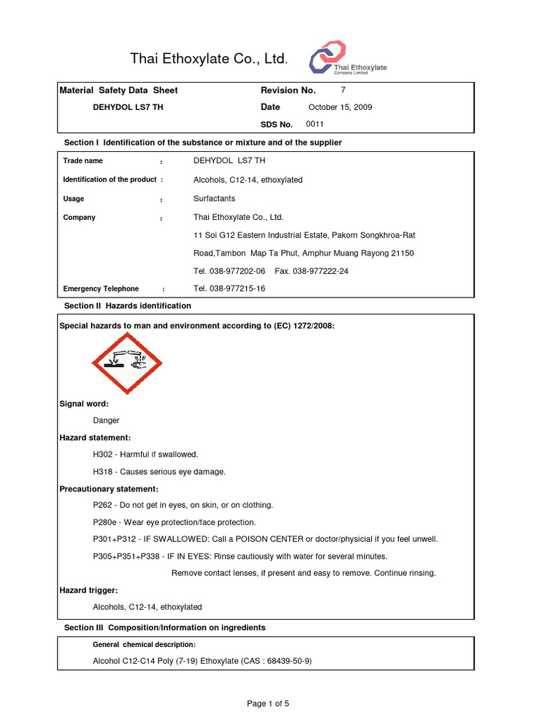 Msds Dehydol Ls7 TH | PDF | Chemistry | Occupational Safety And Health
