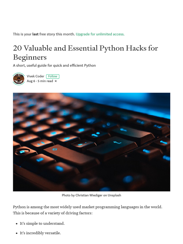 20 Valuable and Essential Python Hacks For Beginners - by Vivek Coder - Better Programming - Aug ...