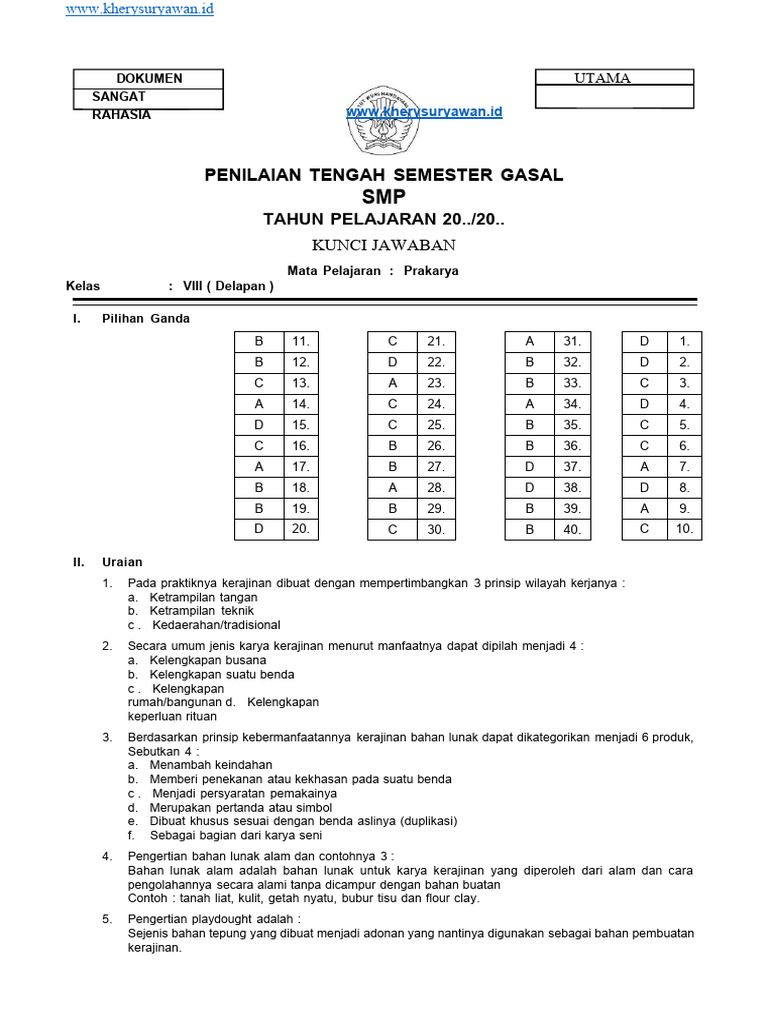 2 - Kunci Jawaban PTS Prakarya Kelas 8 Sem.1 - WWW - Kherysuryawan.id | PDF