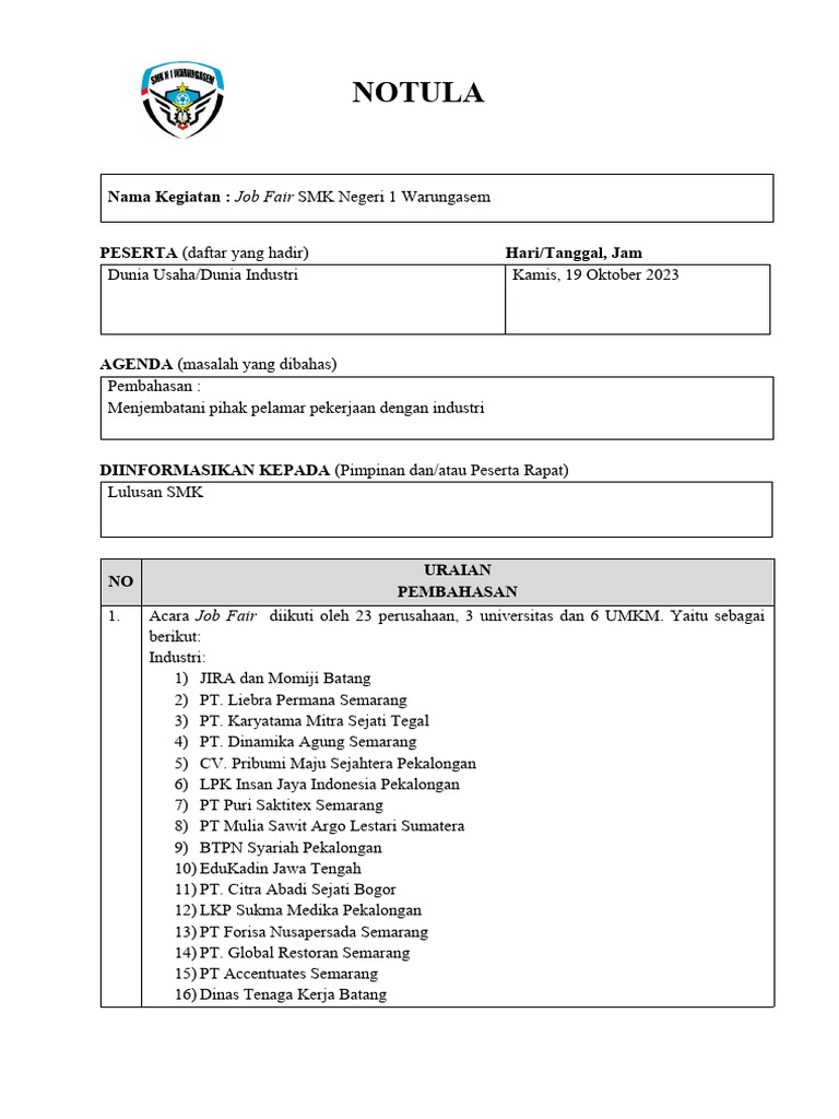 Notula Job Fair SMK Negeri 1 Warungasem | PDF