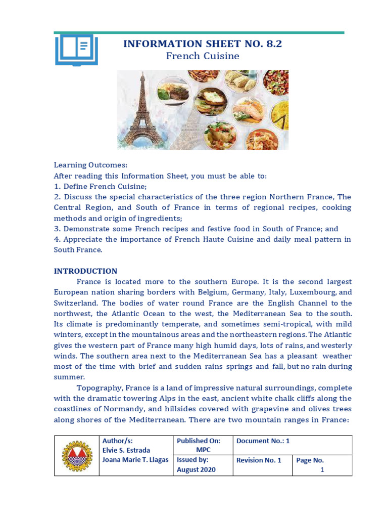 Information Sheet No. 8.2 French Cuisine | PDF | French Cuisine | Foods