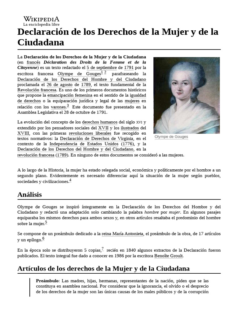 Declaración de Los Derechos de La Mujer y de La Ciudadana | PDF ...