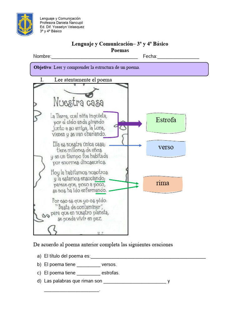 Guía Lenguaje Poemas - Tercero y Cuarto Basico | PDF
