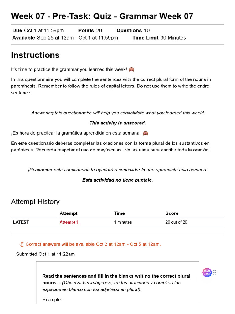 Week 07 - Pre-Task - Quiz - Grammar Week 07 - INGLES I (7317) | PDF ...